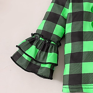 Toddler Girl St. Patrick's Day Clothes Kid Girl Plaid Four Leaf Clover Knitted T-Shirt Top + Flared Pants Spring Outfit (Green- C, 5-6 Years)