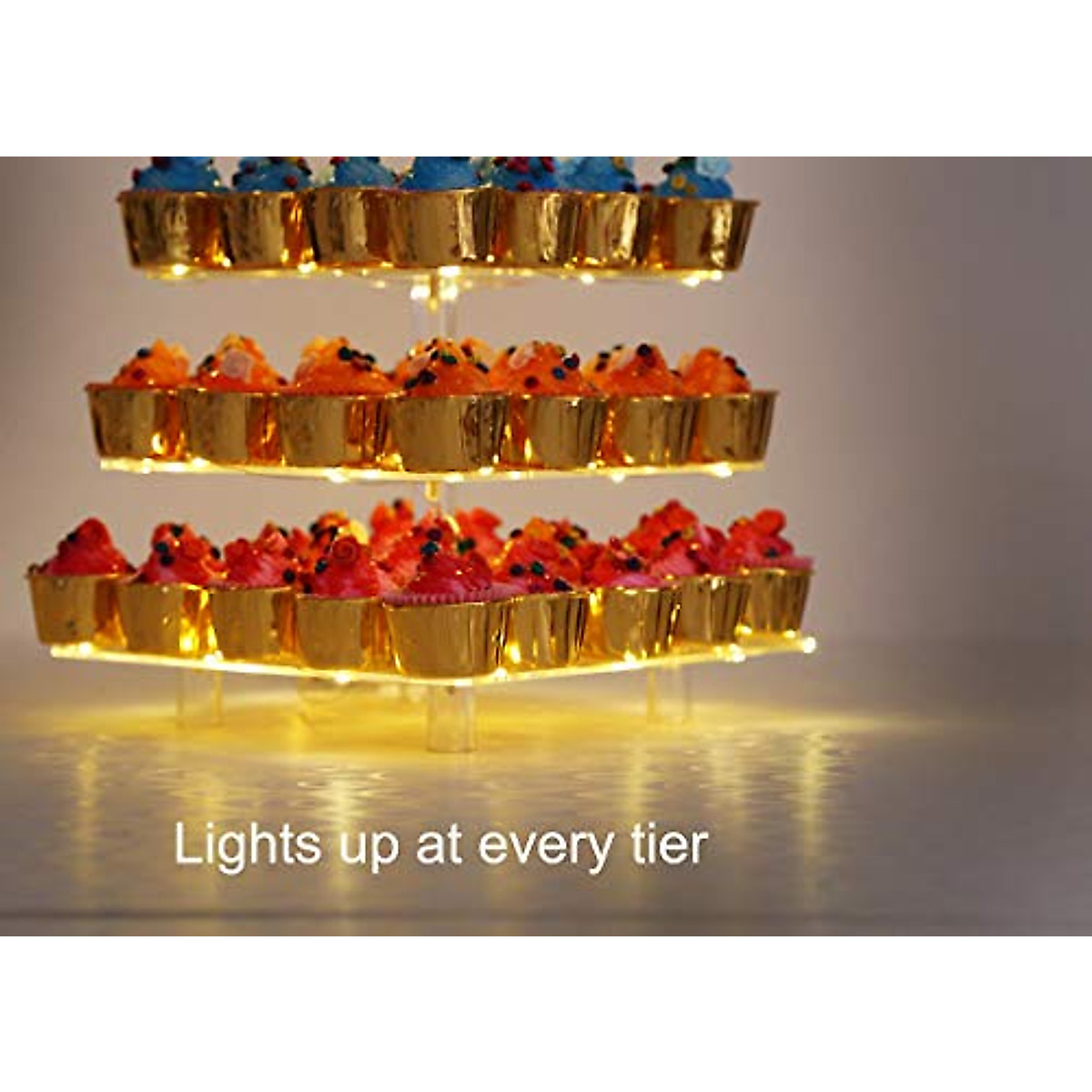 Jusalpha 5 Tier Square Cupcake Stand - Premium Cupcake Holder - Acrylic Cupcake Tower - Ideal for Weddings Birthday Parties, Candy Bar Decor 5SF-S (LED Light Option: Battery)…