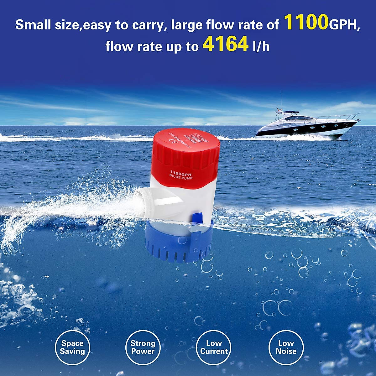 Submersible Boat Bilge Water Pump 12v 1100gph Non-Automatic Marine Electric Bilge Pump for Ponds, Pools, Spas Silent, Boat Caravan RV Submersible