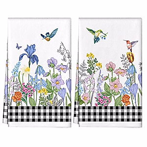 POILKMNI 2 PCS Summer Hummingbird Kitchen Dish Towels, Tulip Flowers Butterfly Tea Towels, Summer Wild Floral Hand Towels Hummingbird Kitchen Decor Housewarming Gifts for New Home 18x27.5