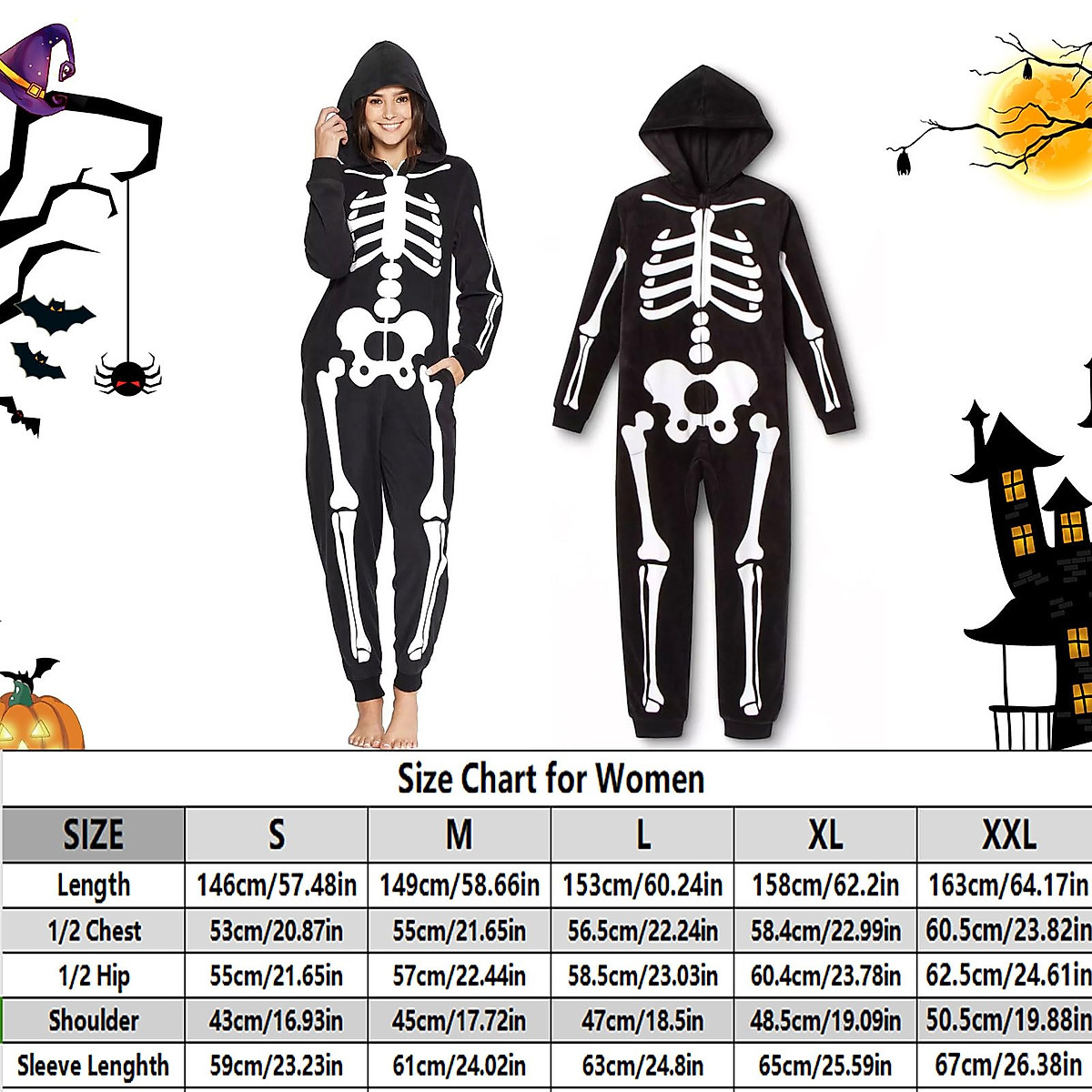 Jobakids Matching Family Costumes Sets Halloween One-Piece Hoodie Onsies Glow in Dark Skeleton Jumpsuit Women Medium (Women-black, M)