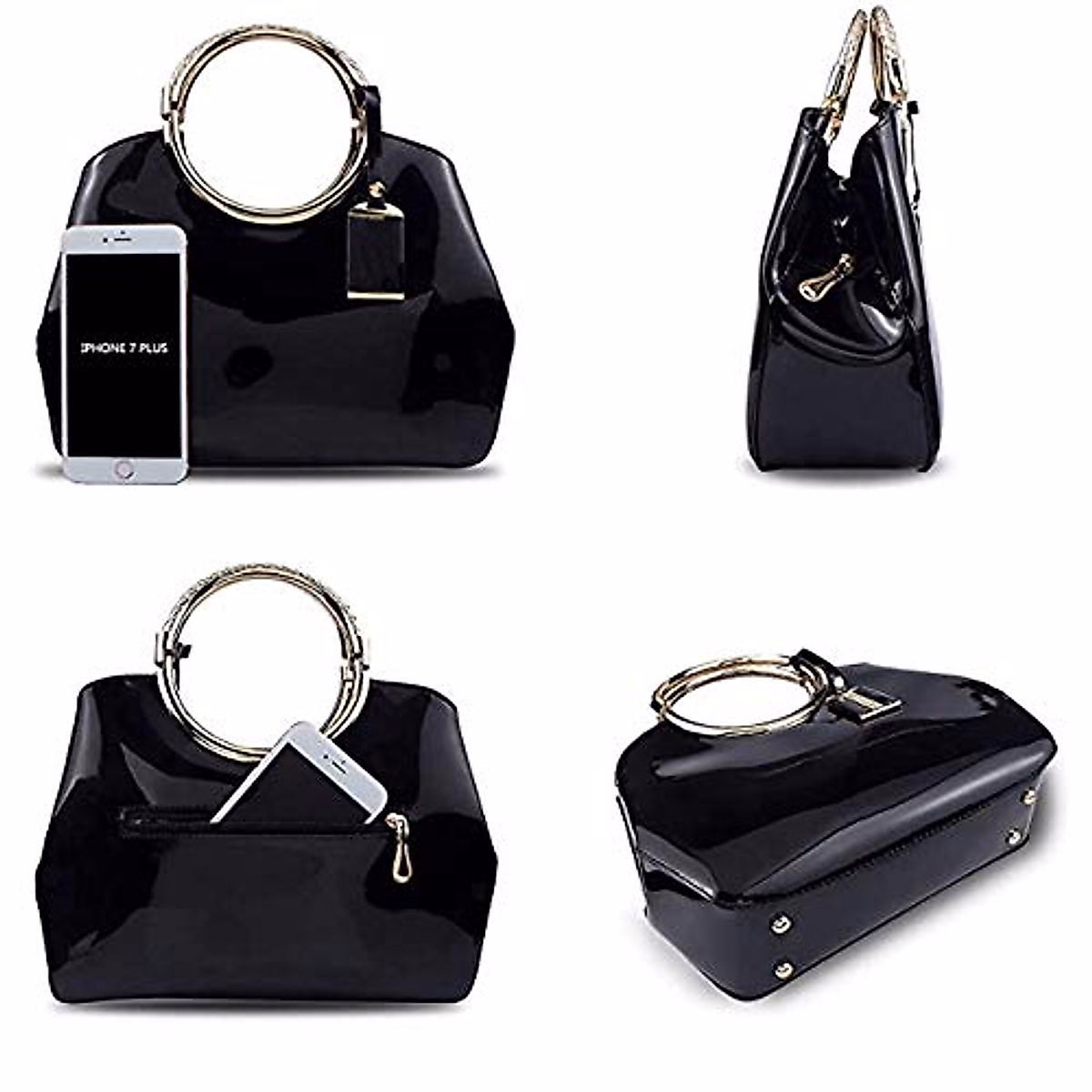 Rullar Women Elegant Handbag and Purse Top Handle Bag Patent Leather Tote Satchel Shoulder Clutch Crossbody Bag with Pendant Black