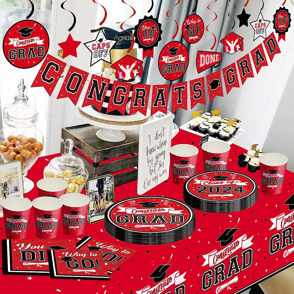 DAZONGE Graduation Decorations Class of 2024 Red and Black, Disposable Graduation Tableware Kit for 50 Guests, Plates, Napkins, Cups, Tablecloth and Hanging 2024 Graduation Party Decorations