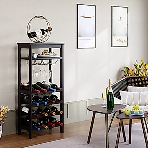 Bamboo Wine Rack, Wine Rack Freestanding Floor with Glass Holder Rack, Tabletop & 16 Bottles Holder, Wine Display Storage Stand for Kitchen, Office, Bar