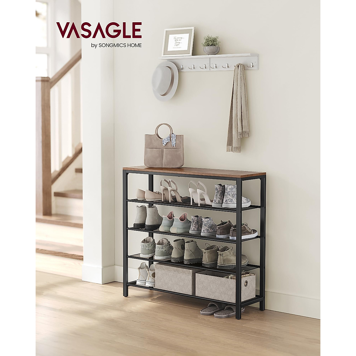 VASAGLE INDESTIC Shoe Rack, Shoe Organizer for Closet with 4 Mesh Shelves and Large Top for Bags, Entryway Hallway Shoe Shelf, Steel Frame, Industrial, Hazelnut Brown and Black ULBS015B03