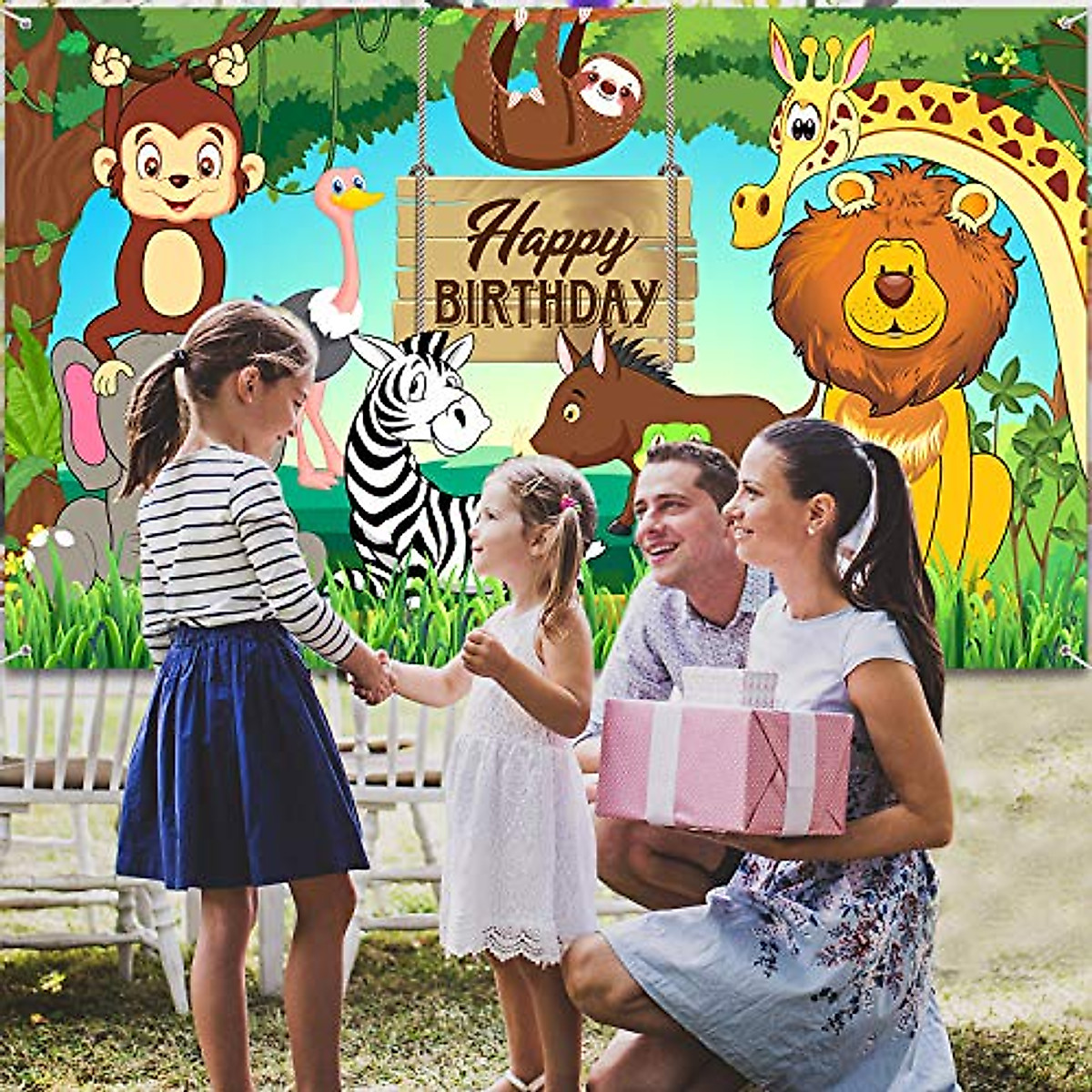 Jungle Animal Theme Backdrop for Birthday Party, Large Fabric Safari Animal Elements Printed Happy Birthday Backdrop Funny Cartoon Forest Background for Birthday Party Decorations, 6 x 3.6 ft