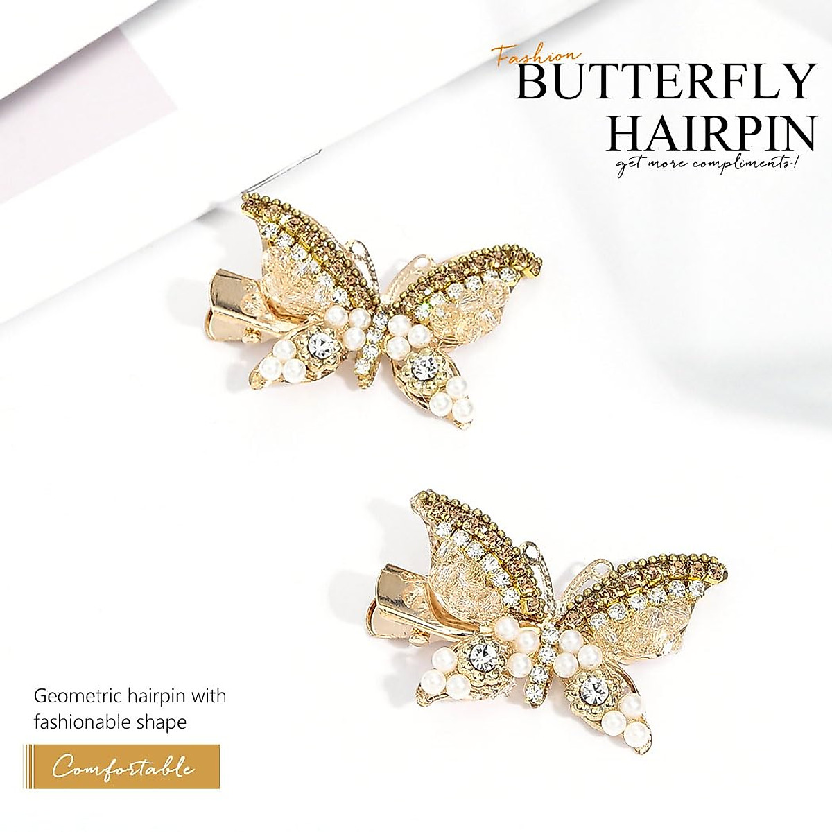 Bartosi Rhinestone Butterfly Hair Accessories Gold Crystal Decorative Alligator Hair Clips Pearl Pins (Pack of 2)