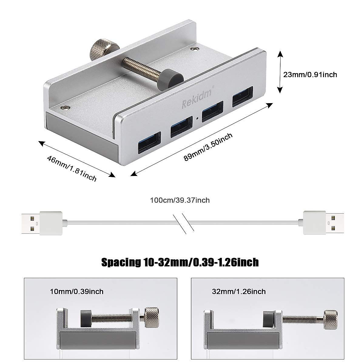 USB Hub 3.0 - Rekidm 4 Port Aluminum Desk USB Hub 3.0 Clamp Design for Desktop, Computer, PC, Table Edge with Durable Adjustable Clip, Space-saving Mountable USB Hub Fast Speed Transfer