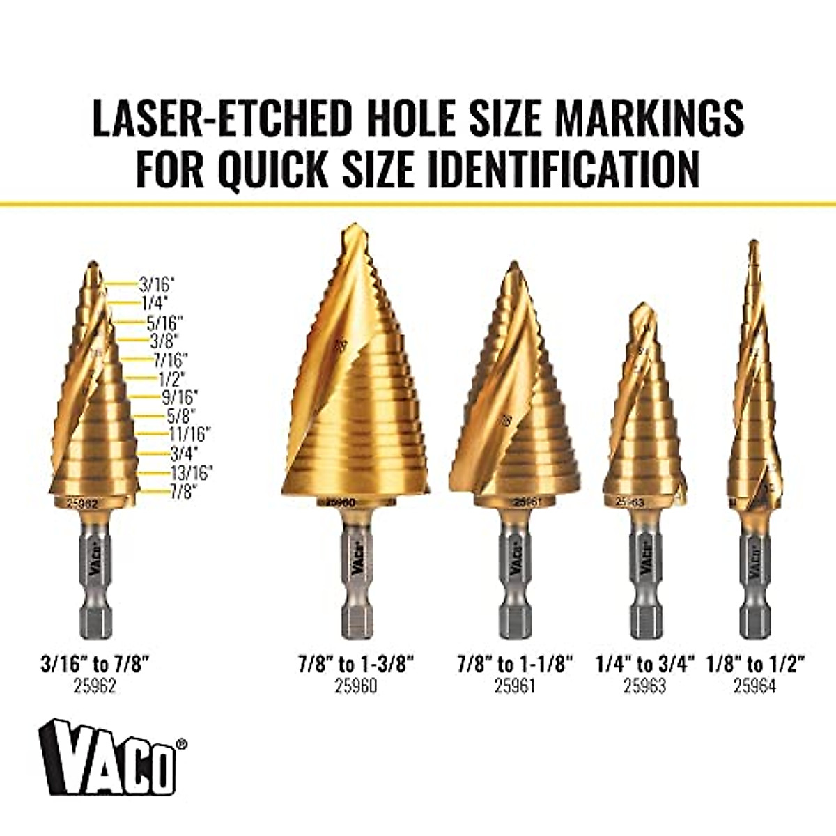 Klein Tools 25962 Step Drill Bit, 3/16 to 7/8-Inch, Spiral Double-Fluted, Cuts Thin Metal, Plastic, Aluminum, Wood, 1/4-Inch Hex Shank, VACO