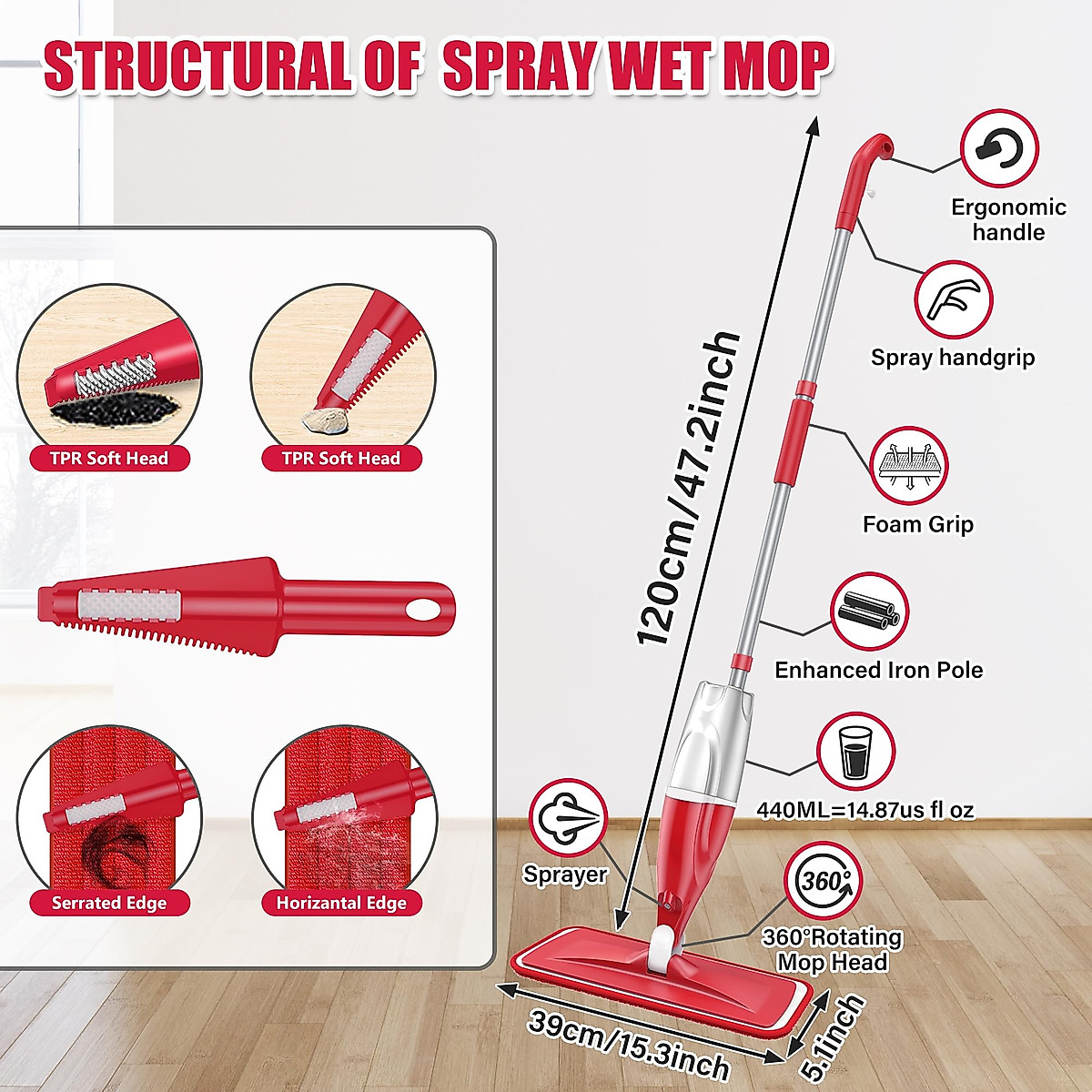 Spray Wet Mops for Hardwood Floor Cleaning - EXEGO Microfiber Dry Dust Spray Mop with Washable Pads fit for Swiffer PowerMop, Wet Jet Mop Flat Floor Mop with Sprayer for Wood Laminate Ceramic Tiles