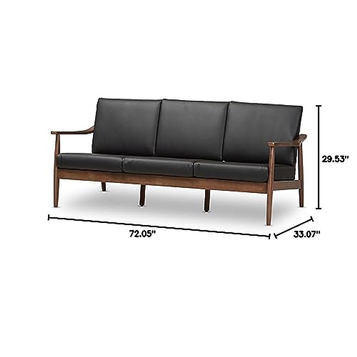Baxton Studio Venza Mid-Century Modern Walnut Wood Black Faux Leather 3-Seater Sofa