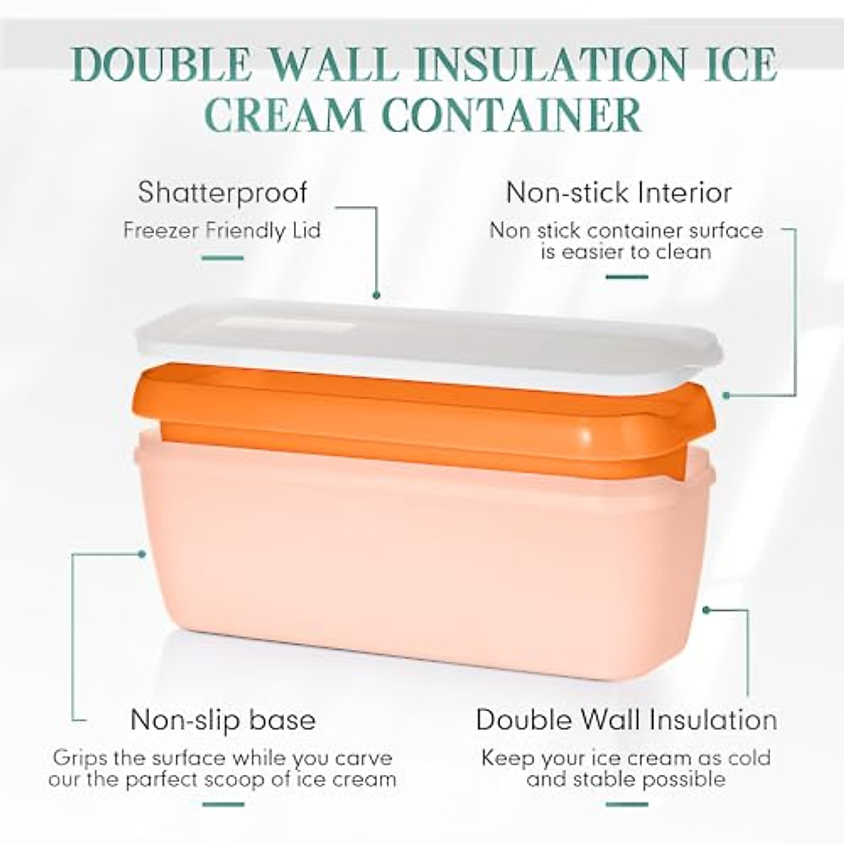 2 Pcs Reusable Ice Cream Containers with Lids and a Scoop 1.5 Quarts Plastic Rectangle Dessert Storage Tubs Homemade Ice Cream Storage Containers for Freezer Kitchen Refrigerator (Orange,Green)