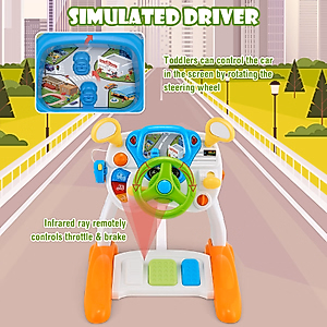 Costzon Steering Wheel Toy, Pretend Play Driving Simulated Toy w/Light and Music, Cyclic Rotary Scene, Siren Sounds, Walkie-Talkie, Stool, Interactive Learning Educational Toy for Toddler Boys Girls