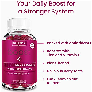 WellPath Boost Elderberry Gummies with Zinc & Vitamin C | Immune Support Supplement for Adults | Immunity Booster Vitamins | Sambucol Black Gummy | Non-GMO & Vegan, 60 Ct