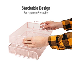 Mind Reader Stackable Paper Tray, 2 Pcs., Desktop Organizer, File Storage, Office, Metal Mesh, 14" L x 9.75" W x 6" H, Pink