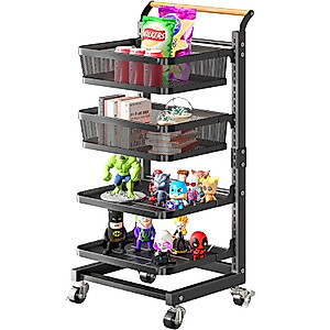 4 Tier Rolling Cart, Hanging Adjustable Utility Cart for Kitchen Pot Holder Office Laundry Bathroom, Black