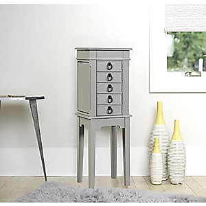 Hives and Honey Kennedy Jewelry Armoire - Modern Wood Storage Organizer with Necklace Hooks, 5 Drawers, and Vanity Mirror, Grey