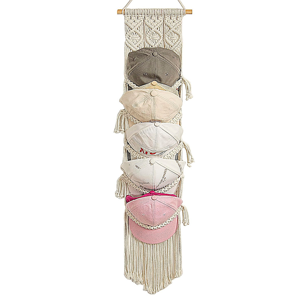 Boho Baseball Cap Hanger-1 Pack-Macrame Hat Organizer for Ball Caps Holder Over Door, Hat Rack for Wall, Cap Rack for Decoration and Display, Boho Handmade Cap Display