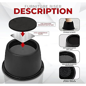 Utopia Bedding Bed Risers 3 Inch - 8 Pack - Round Furniture Risers with Top Anti-Slip Foam with Metal Plate & Bottom Rubber Pads - Bed Risers Heavy Duty for Sofa, Couch & Chair Lifts (Black)
