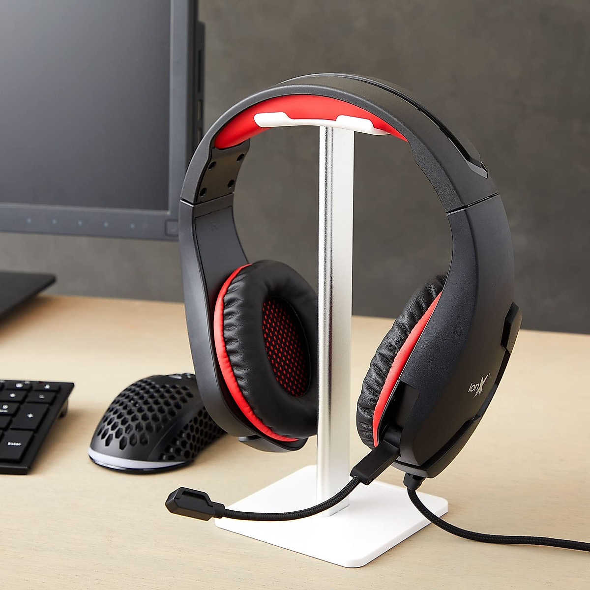 ionX Professional Wired Gaming Headset Compatible with Windows, macOS, PlayStation 5, Xbox Series S, X, Nintendo Switch, Android, and iOS, with Adjustable Boom Microphone and LED Lighting (Red)