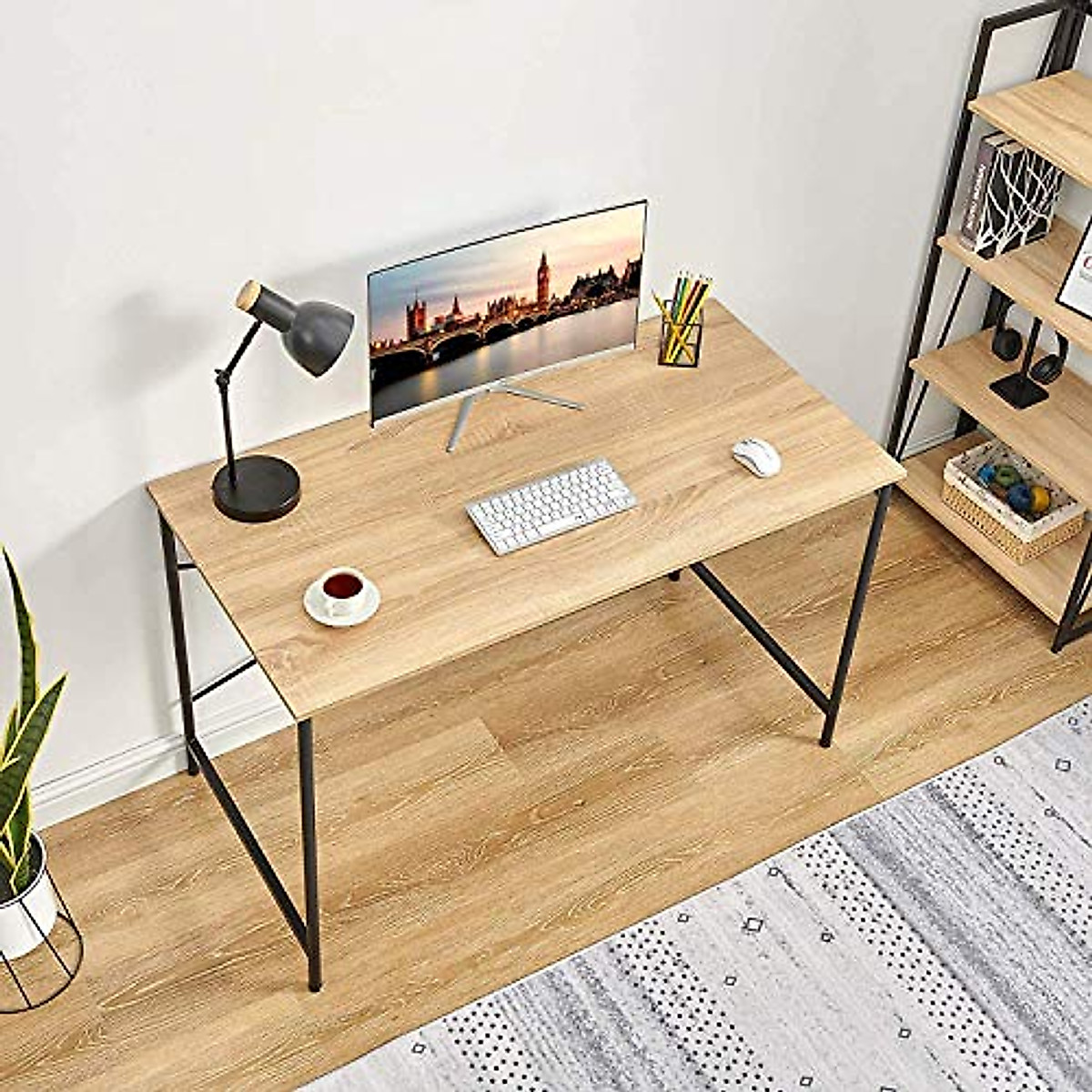 Coavas 47 inch Office Computer Desk Large Study Desk Simple Writing Table Workstation for Home, Oak Tabletop with Black Frame