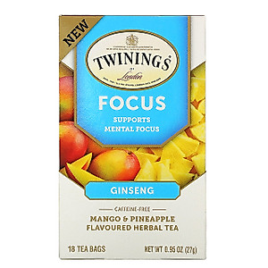 Twinings Focus Tea - Mango & Pineapple Flavoured Hibiscus Tea with Revitalizing Ginseng Root, Naturally Caffeine-Free Herbal Tea Bags Individually Wrapped, 18 Count