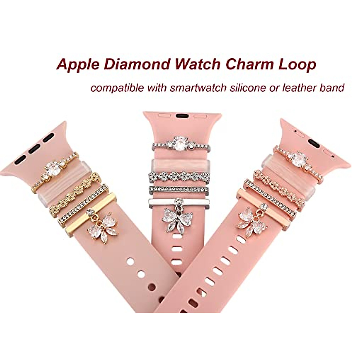 Decorative Love Rings Loops Compatible with Apple Watch Silicone leather Bands Charms 45mm 44mm 42mm 41mm 40mm 38mm 7 6 5 4 3 2 1 Diamond Sparkle Ornament metal resin Charms Slide Accessories for iwatch Series 7 6 5 4 3 2 1 (No Watch Band)Shell Silver