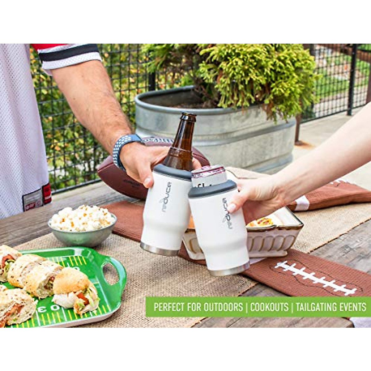 Reduce Can Cooler - 4-in-1 Stainless Steel Can Holder and Beer Bottle Holder, 4 Hours Cold - 14 oz Multi-Use Drink Cup that Holds Slim Cans, Regular Cans, Bottles and Cocktails - Pink Cotton, Gloss