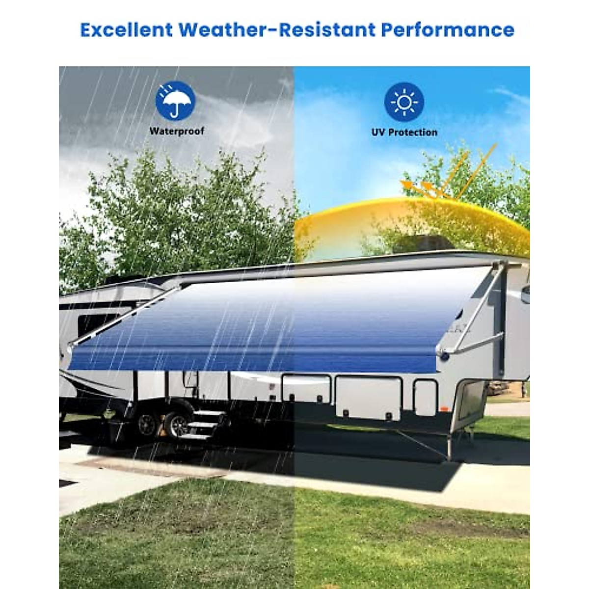 Xenjum RV Awning Fabric Replacement, 16.2oz Heavy-Duty Weatherproof Vinyl Camper Awning Replacement Universal Outdoor Canopy for RV, Trailer, and Motorhome Awnings-Sapphire Blue Fade-11'(Fabric 10'2")