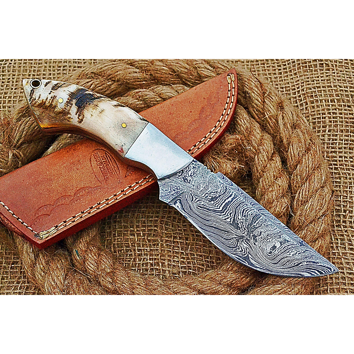HUNTEX Handmade Hand-Forged Twist Pattern Damascus Steel 9 Inch Long Full Tang Natural Ram Horn Handle Razor Sharp Hunting Camping Boot Knife w/Genuine Leather Pouch