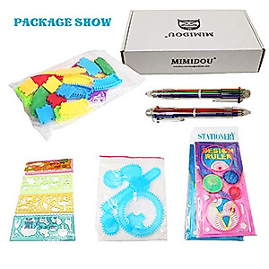 MIMIDOU Spiral Designer Freestyle Design Deluxe Kit, kids drawing aid art design stencil set include multicolored gel pen, spiral shapes and geometric templates 17 pcs.
