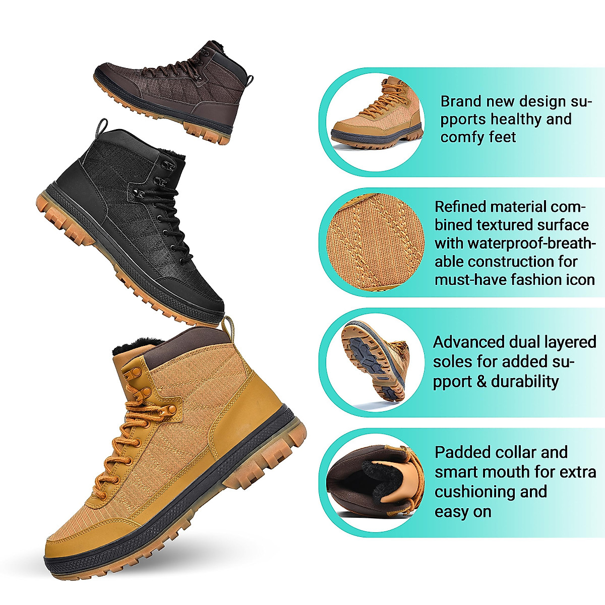 Wondamo Men's Snow Boots Lightweight Waterproof Winter Boots Fur Lined Anti-slip Cold Weather Shoes, Wheat Light Brown, 7.5 US Men