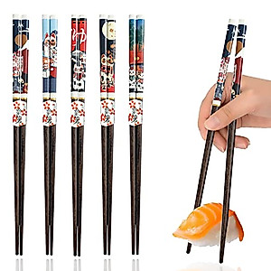 WORCAS 5 Pairs Hardwood Chopsticks Reusable， 9.0Inch/23cm Japanese Style Natural Wood Chop Stick Hand-Carved Chopstick (Anti ceramic pattern)