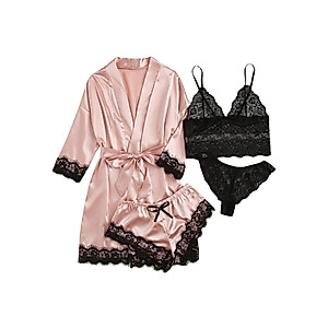 WDIRARA Women' Silk Satin Pajamas Set 4pcs Lingerie Floral Lace Cami Sleepwear with Robe Pink M