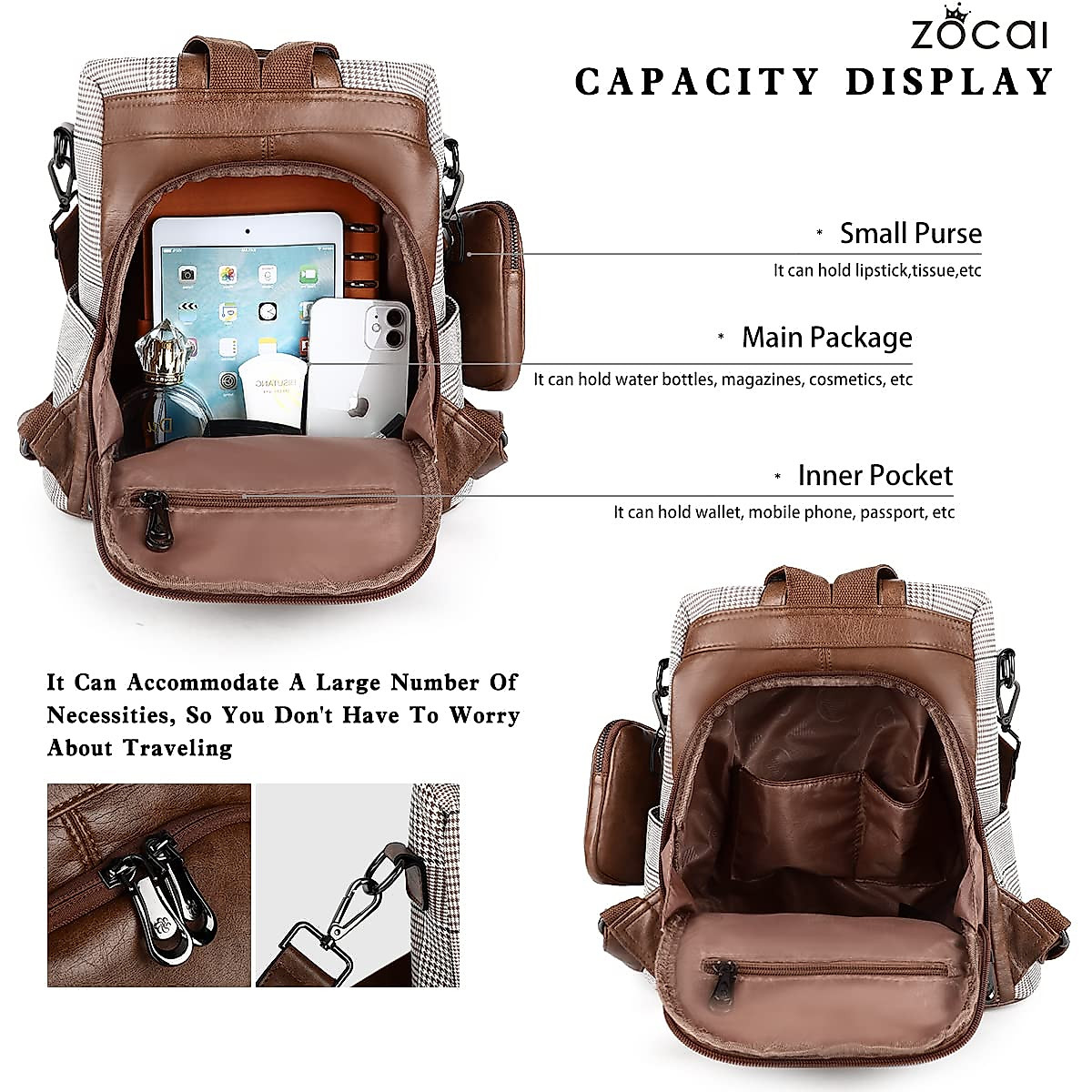 ZOCAI Backpack Purse for Women Fashion Backpack Purses PU Leather Daypacks Anti-Theft Shoulder Bag Satchel Purse(Brown)