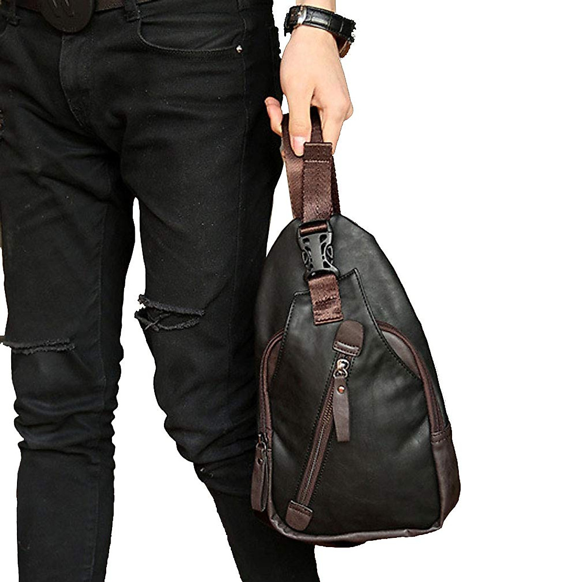 Hebetag Leather Sling Bag Crossbody Backpack for Men Women Outdoor Travel Camping Hiking Single Shoulder Chest Pack Casual Daypack Brown