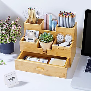 Charmlife Bamboo Desk Organizer Makeup Storage Drawer 3-Layer Tabletop Drawers 100% Natural Bamboo Desktop Drawer Organizer Drawer Desk Organizer Office Organization No Assembly Required