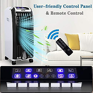 COSTWAY Evaporative Cooler, 4-in-1 Cooling, Fan, Humidifier and Anion, with 3 Wind Modes, 3 Speeds, 7.5H Timer, Portable air cooler with Remote, Built-in Handle, 4 Wheels for Home, Office