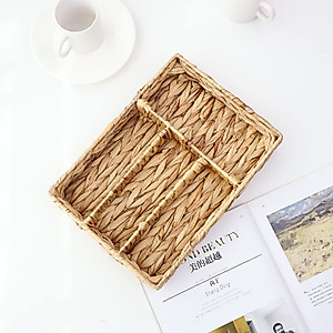 YAHUAN Water Hyacinth Divided Storage Basket Silverware Organizer for Drawer Decorative Woven Water Hyacinth Rectangular 4 Compartment Severing Tray (Water Hyacinth)
