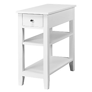 Giantex Narrow End Table, Small Side Table with Drawer and Shelf, Wood Accent Sofa Table, Skinny Nightstand for Small Space Living Room Bedroom (1, White)