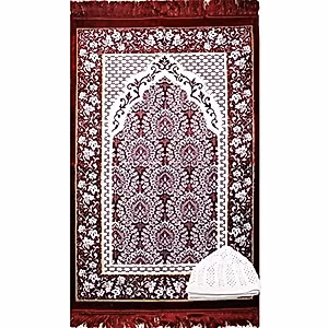 Modefa Turkish Islamic Prayer Rug - Soft & Plush Velvet Praying Carpet - Traditional Muslim Prayer Mat - Muslim Janamaz Sajada - Ramadan or Eid Gift - with Kufi Prayer Cap - Floral Ipek (Red)