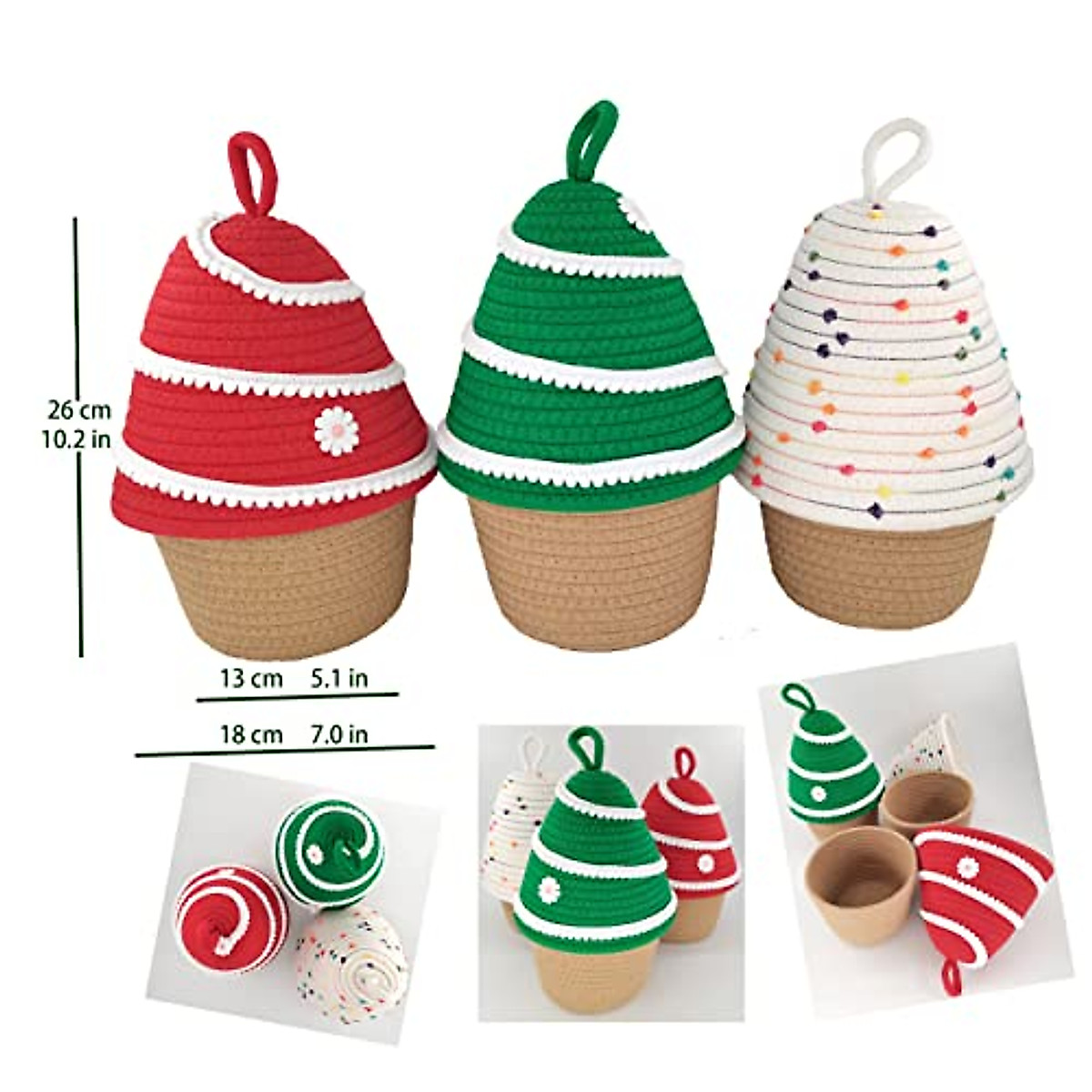 Mushroom Basket Cotton Rope Storage Basket with Lid Pack of 3 for Organizing Christmas Tree