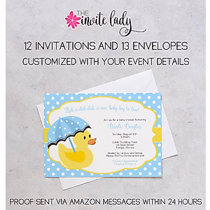 Rubber Ducky Baby Shower Invitations Duck Theme Customizable Invitations For Boy Polka Dots Blue Yellow Sprinkle Personalized (12 Count)