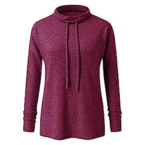Fheaven Women Winter Hoodie Pullover Solid Color High Collar Long Sleeve Casual Drawstring Loose Top