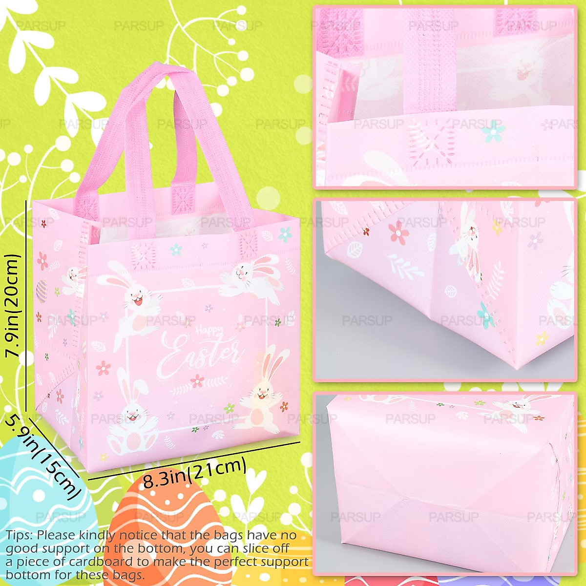 16PCS Happy Easter Egg Hunt Bags Easter Bunny Carrot Chick Egg Gift Bags with Handles, Easter Treat Bags, Multifunctional Non-Woven Easter Bags for Gifts Wrapping, Egg Hunt, Easter Party Supplies , 8.3×7.9×5.9inch