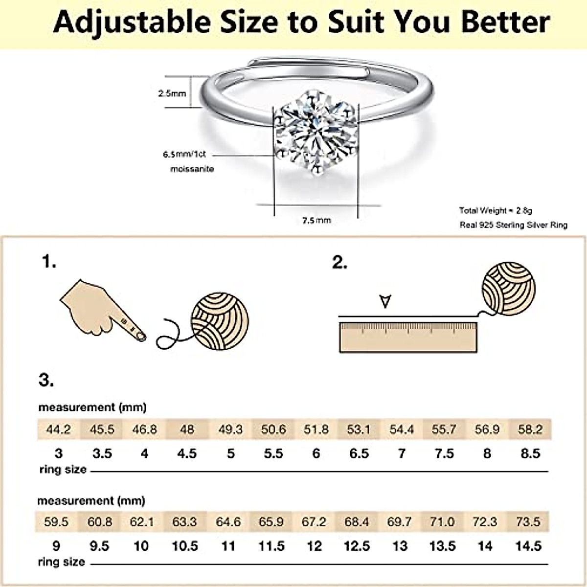 Letalong 1CT Adjustable Moissanite Rings for Women, S925 Sterling Silver 6 Prong Moissanite Engagement Ring