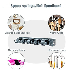 Mayjooy Wall-Mounted Mop Broom Holder, Home Storage Organizer Rack w/5 Positions & 6 Hooks, Hanging Tools Organizer for Garage/Laundry/Home/Kitchen, Utility Storage Rack, Grey