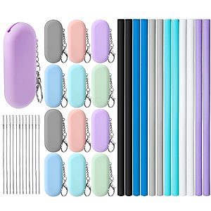 12 Set Reusable Collapsible Straws with Case Silicone Travel Straws Foldable Portable Drinking Straws with Carry Case and Cleaning Brushes for Home Party Travel Picnic