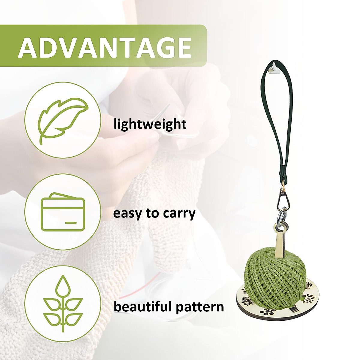 WOODOUNAI Portable Yarn Holder with Wrist Strap - Ultimate Yarn Organizer with Wrist Strap & Wooden Stand - Prevents Tangling for Effortless Crocheting and Knitting On-The-Go (Green)