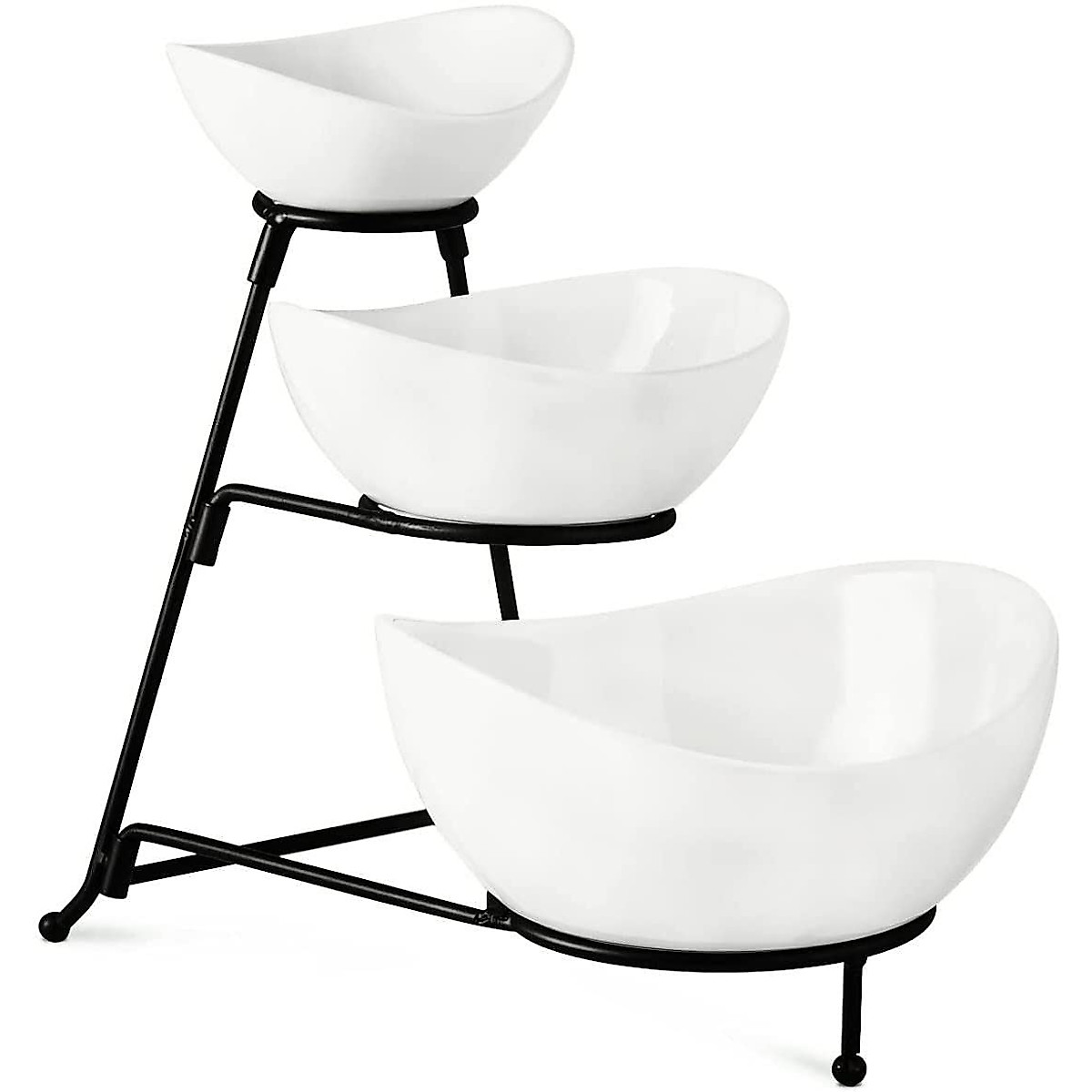 Gomakren 3 Tiered Oval Serving Bowl With Collapsible Metal Rack, Dessert Appetizer, Candy Chip Dip, Fruit, Vegetable Bowl Set, White Serving Dishes For Entertaining (Black)